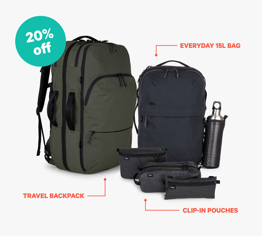 Bundle: Travel Backpack + 15L Bag + Clip-in Pouch Set